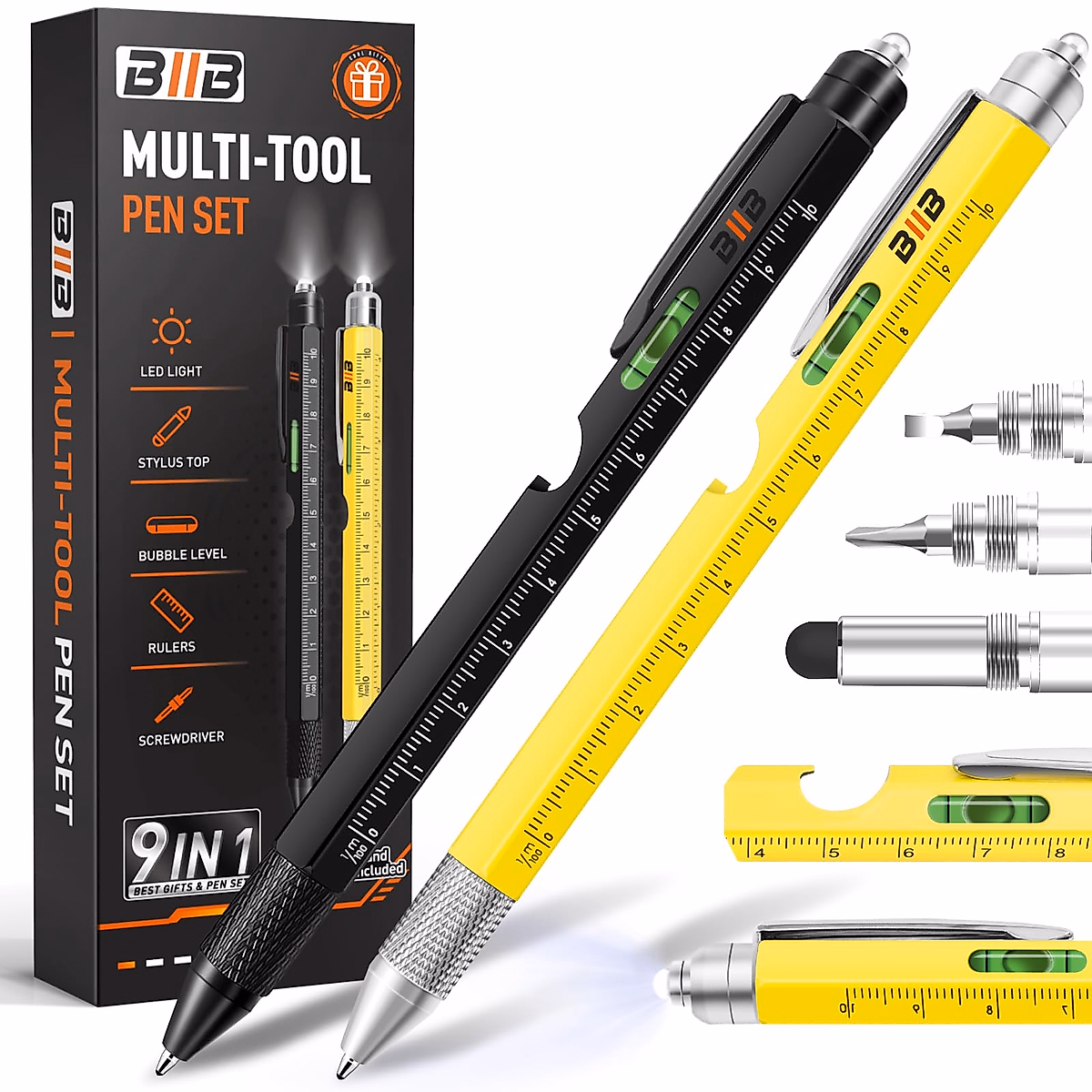 Gifts for Men, 9 in 1 Multitool Pen, Cool Gadgets for Men, Gifts for Dad, Stocking Stuffers for Men, 2 Pc Pen Black & Yellow