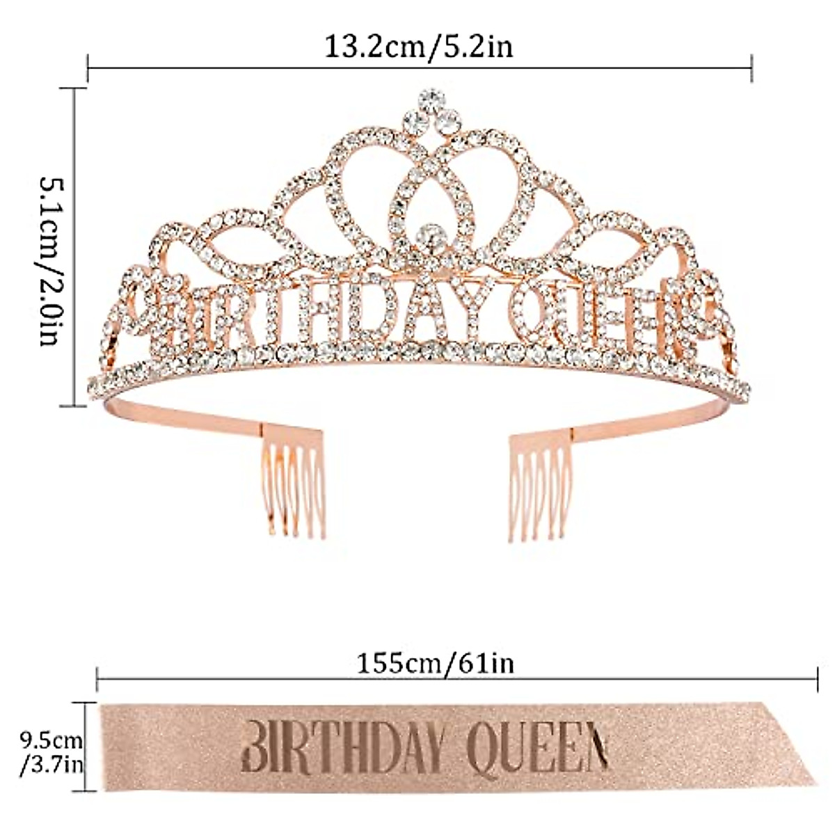 CAVETEE Rose Gold Birthday Crowns for Women Birthday Queen Sash and Tiara for Women Rose Gold Birthday Party Decorations for Women Birthday Sash and Crown for Women