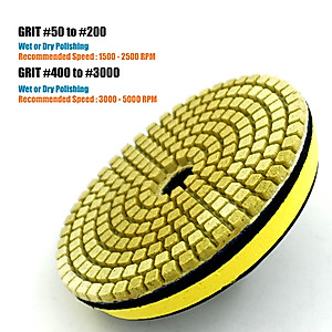 Performore Diamond Polishing Pads 4 Inch Diameter Wet/Dry Pads 8-Pack, 7 Pads with Varying Grit (#50-#3000) and 1 Backer Pad, Includes Drill Adapter for Stone Granite Marble or Concrete