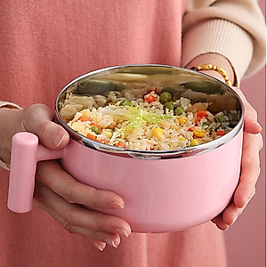 efoot 34oz Stainless Steel Bowls,Insulation Bowls with Lid and Handle Perfect for Rice,Noodles,Salad (Pink)