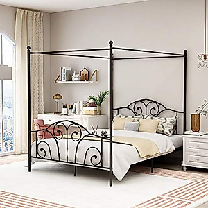 RYR Queen Size Canopy Bed Frame Four Poster Metal Platform Bed with Headboard Footboard, No Box Spring Needed Black