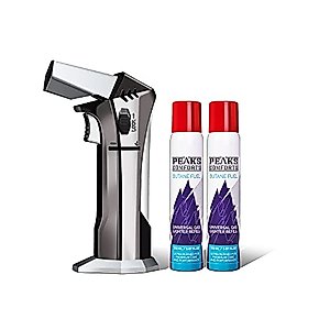 Butane Torch with Butane Fuel - Refillable Torch Lighter, Kitchen Torch for Baking, Cooking Food, Creme Brulee, BBQ, Blow Torch with Safety Lock and Adjustable Flame, 2 Cans Butane Included.