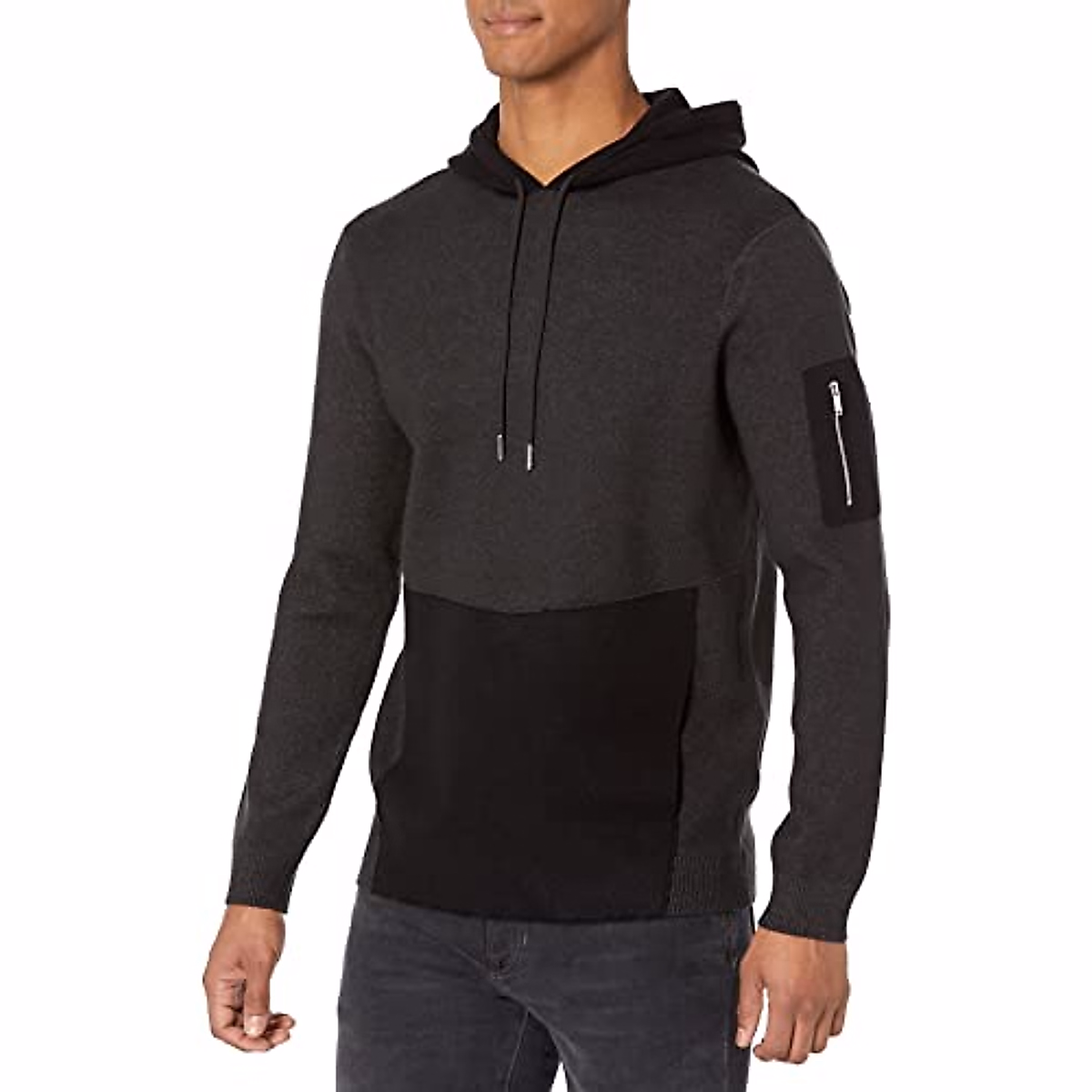 Karl Lagerfeld Paris Men's Soft Color Block Sweater Hoodie, Black/Charcoal, Medium