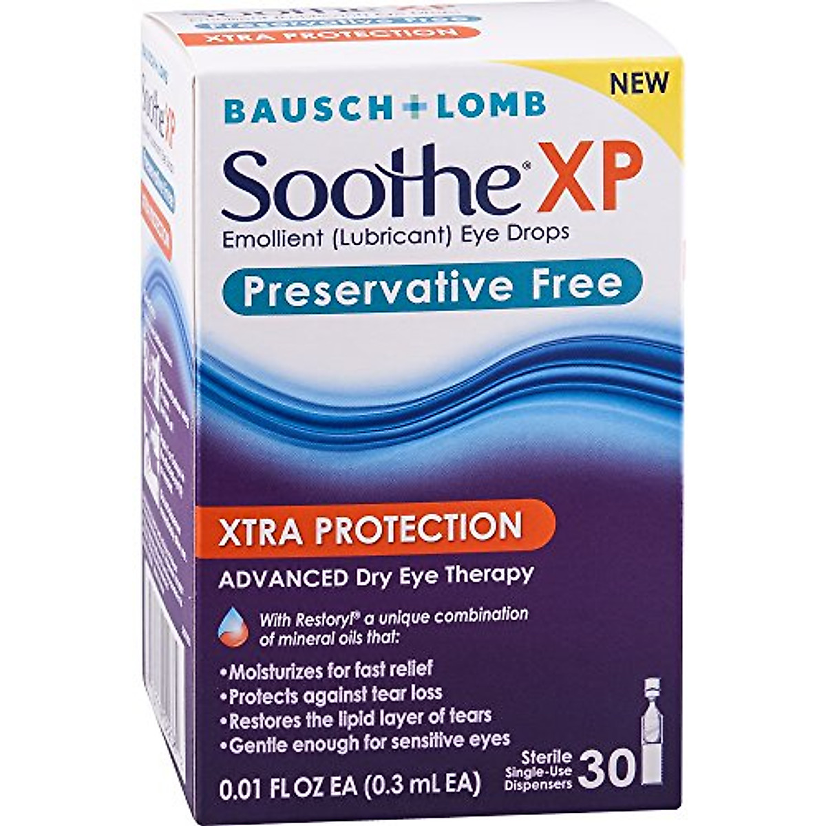 Eye Drops by Bausch & Lomb, Lubricant Relief for Dry Eyes, Soothe XP, Preservative Free, Single Use Dispensers, 0.3 mL, 30 Count