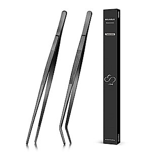 12-inch Cooking Tweezer and Curved Tong Set, Tongs Precision Serrated Tips, Stainless Steel Professional Chef Tweezer Kitchen Tools for BBQ, Plating and Serving
