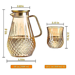WONCRYS Borosilicate Glass Pitcher Set With Lid and 2 Cups, 68 oz Diamond Pattern, Stainless Steel Lid, Glass Kettle for Tea, Milk, Hot and Iced Beverages, Amber Color(2000 Milliliters)
