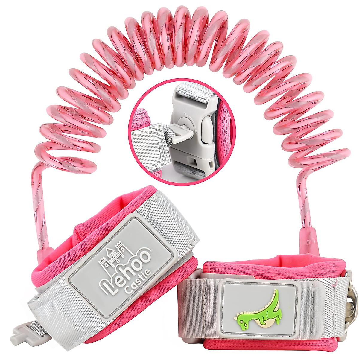 Lehoo Castle Anti Lost Wrist Link for Toddlers, 4.9ft Toddler Harness with Key Lock, Reflective Toddler Wrist Leash, Child Leash Harness, Leash for Kids (Pink)