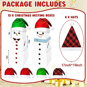 MotiMind 16 Pcs Christmas Snowman Stackable Gift Boxes with Hats in 4 Designs Stackable Snowman Gift Box Tower Xmas Nesting Box for Gift Wrapping Party Decor Christmas Stacking Gift Boxes