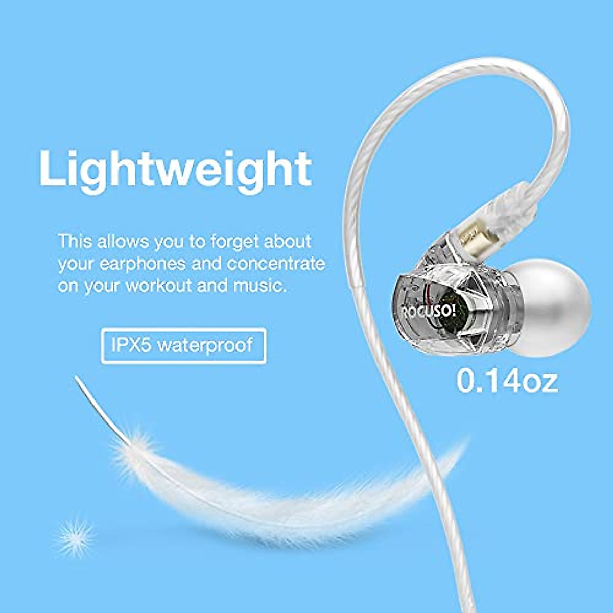 ROCUSO Noise-Isolating Musician's in Ear Monitor, Wired Over Ear Stereo Bass Headphones with Microphone, Waterproof Sport Earbuds for Running, Jogging, Gym, Clear