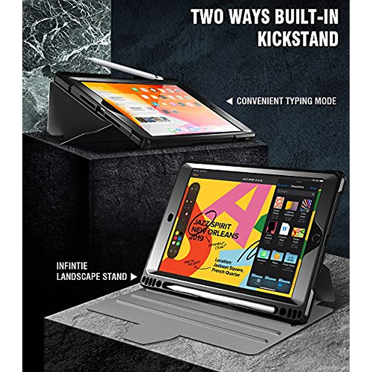 Poetic Explorer Case Designed for iPad 10.2 9th Generation (2021) / 8th Gen (2020) /7th Gen (2019) Case, Full Body Rugged Stand Folio Cover Case, Built-in Screen Protector and Pencil Holder, Black