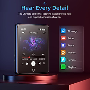 64GB Mp3 Player with Bluetooth 5.3, 2.8" Full Touch Screen Music Player, Portable Digital Lossless Media Player with FM Radio Speaker for Kids, Up to 128GB, Protective Case Headphones Included