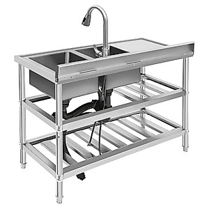Free Standing Commercial Kitchen Sink 2 Compartment Stainless Steel Prep & Utility Sink 201 Stainless Steel Freestanding Kitchen Sink for Restaurant, Kitchen, Outdoor (Dual Bowl Style w/Baffle)