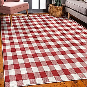 Ambesonne Plaid Decorative Rug, Lumberjack Fashion Buffalo Checks Pattern Retro Style Grid Composition, Quality Carpet for Bedroom Dorm and Living Room, 5' 1" X 7' 5", Red and White