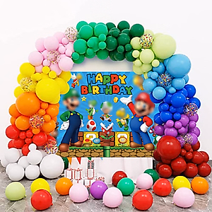 Super Brother Happy Birthday Backdrop Video Adventure Game Children Boy Photo Theme Party Decorative Shooting Gold Coin Mushroom Blue Element Prop Banner (5x3FT(150x90cm))