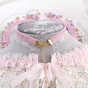 Victorian style lady head peal cameo charm choker necklace, baby pink velvet bow White lace, romantic cute jewelry (35, Pink)