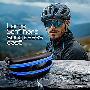 MyEyeglassCase Semi Hard Sunglasses Case with Slim Wallet – ACTIVE EVA Zippered Glasses Case & Carabiner Hook, Hard Eyeglass Case for Large Eyeglasses & Small Goggles (B15HC BLK/BLUE)