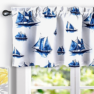 DriftAway Harbor Sailboat Ocean Print Blackout Thermal Insulated Window Curtain Valance Rod Pocket 52 Inch by 18 Inch Plus 2 Inch Header Navy