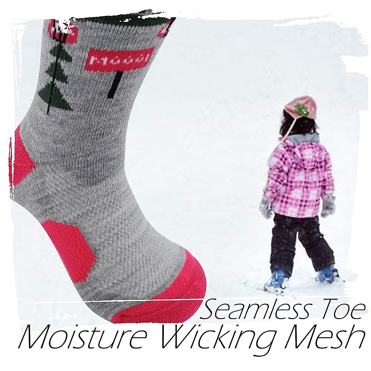 HIGHCAMP 2 Pairs Kids Merino Wool Ski Snowboard Socks Boy Girl Toddler Snow Socks/Norway Pink, S