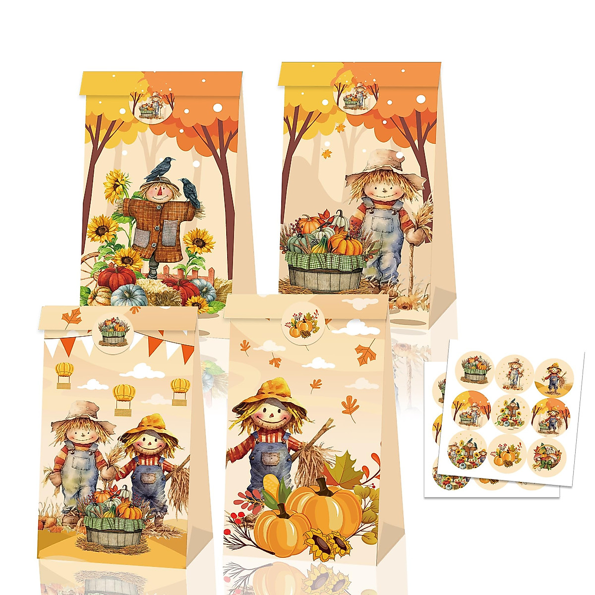 Konsait 12 Pack Fall Gift Bags Thanksgiving Treat Bags, Scarecrow Theme Fall Goodie Bags, Pumpkin Sunflowers Harvest Fall Party Favors Bags, Kraft Thanksgiving Paper Bags Thanksgiving Gift Bags