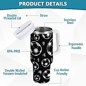 ARGTILDN 30 oz Tumbler Football Doodle Insulated Travel Mug with Handle and Straw Lid Stainless Steel Vacuum Coffee Cup Tea Beverage Container Water Bottles for Car Sports office