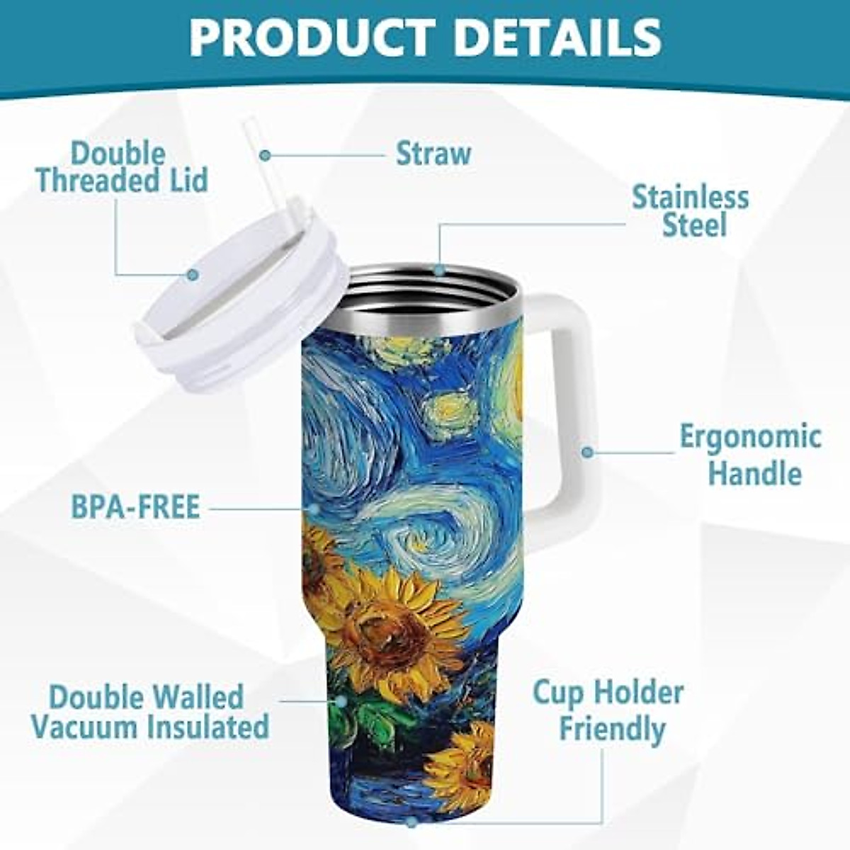 RPLIFE Starry Night Sunflowers Blue Stainless Steel Coffee Cup, Insulated Tumblers, Tumblers for Women