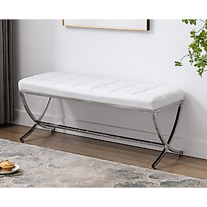 EALSON Modern Tufted Dining Chairs with Bench Set of 5 Leather Upholstered Dining Room Chairs with Chrome Metal Legs Mid Century Kitchen Chairs Armless Side Chairs for Dining Room Living Room, White