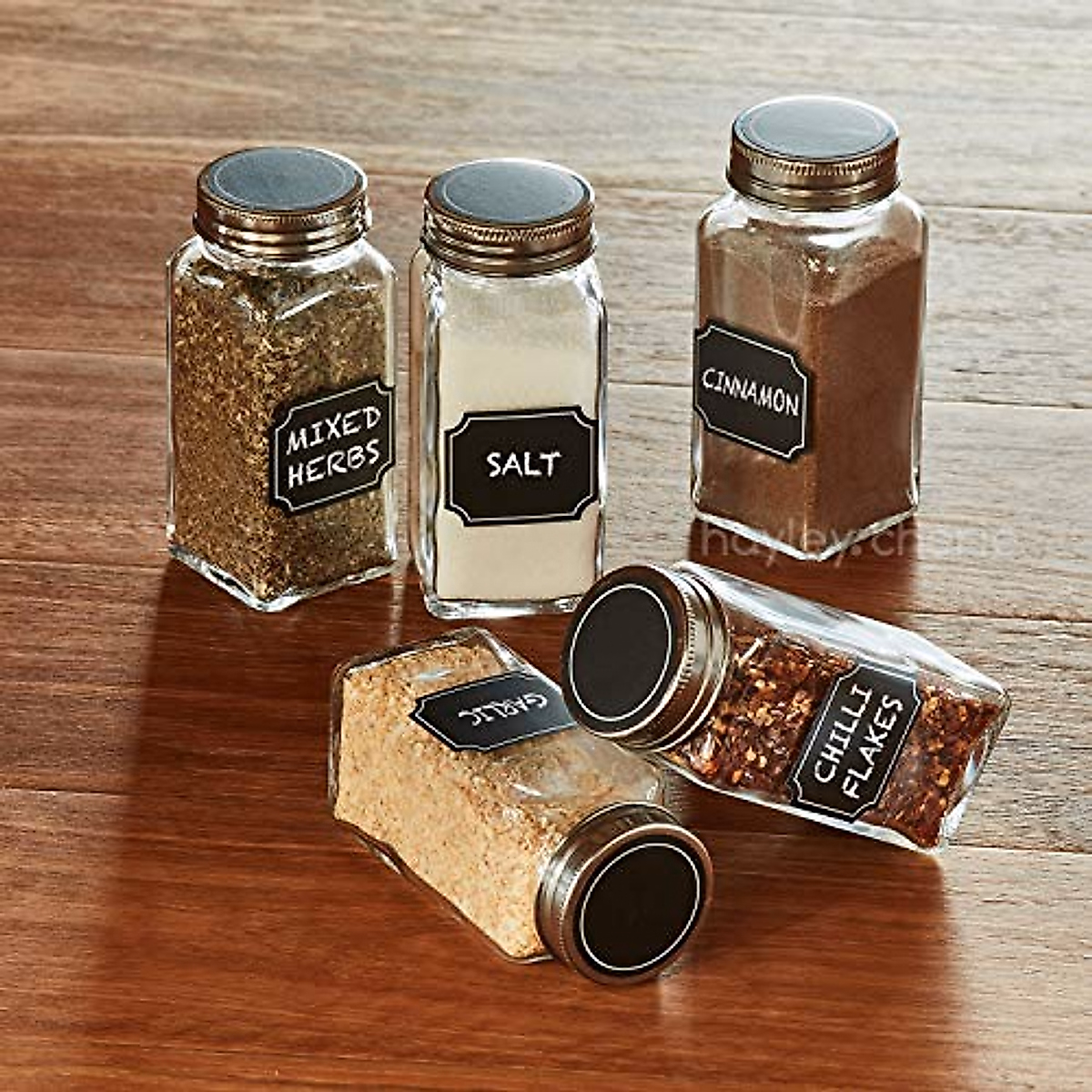 Hayley Cherie - 6 oz Large Square Glass Spice Jars (Set of 10) - Chalkboard Labels, Stainless Steel Lids and Large & Small Shaker Inserts