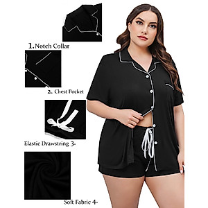 SWOMOG Women's Plus Size Pajamas Set Button Down Tops Short Sleeve Sleepwear Soft Pajama Shorts 2 Pcs Lounge Sets With Pocket Black