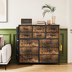 12 Dresser for Bedroom, Chest of Drawers for Bedroom with Side Pockets and Hooks, Fabric Storage Dresser, Sturdy Steel Frame, Wood Top, Easy Pull Handle (Rustic Brown)