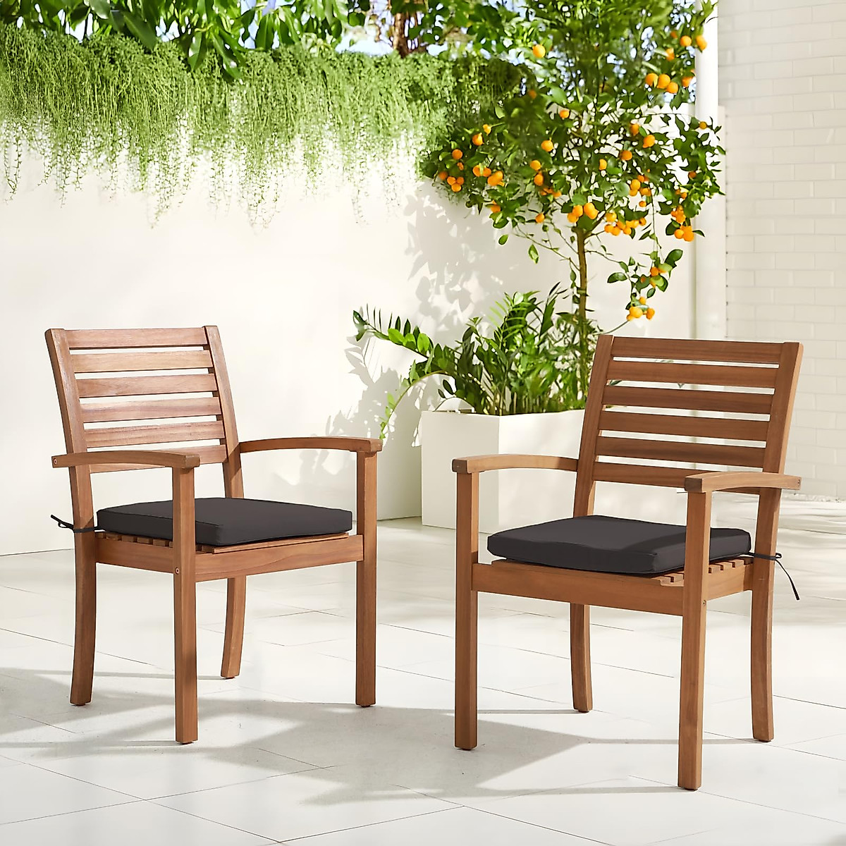OC Orange-Casual Stackable Patio Dining Chairs Set of 4, Outdoor Acacia Wooden Chairs w/Armrest & Removeable Fabric Cushion, FSC Certified Wood, for Porch, Backyard, Garden, Indoor, Dark Grey
