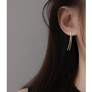 Reffeer Solid 925 Sterling Silver Bar Ear Climber Earrings Cuffs for Women Girls Curved Bar Wrap Earrings Minimalist (B-Gold)