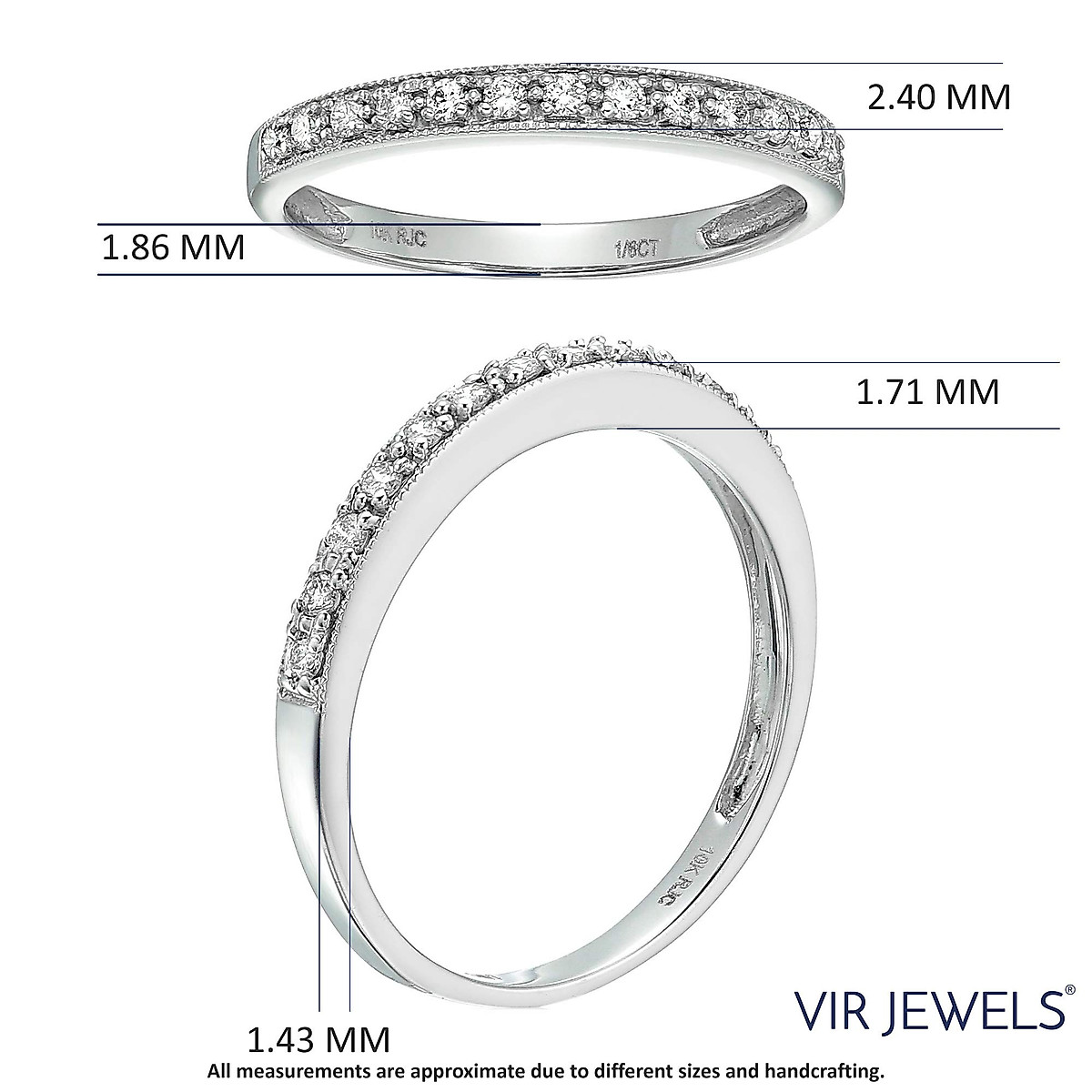 Vir Jewels 1/6 carat (ctw) Diamond Wedding Anniversary Band for Women, Half Eternity Petite Round Diamond Engagement Ring 10K White Gold Prong Set with Milgrain 0.16 cttw, Size 7