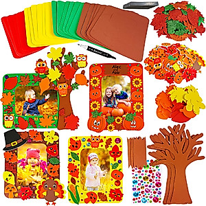Winlyn 12 Sets Fall Craft Kits Fall Thanksgiving Picture Frame Decorations Art Sets Tree of Thanks Turkey Owl Smile Face Pumpkin Autumn Leaf Foam Stickers Arts and Crafts for Kids Party Activities