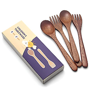 YFWOOD 4-Pieces Natural Wooden Kids Utensils Set, Child Forks and Spoons, Toddler Safe Flatware Hand polishing Anti-slip Portable and ultra light