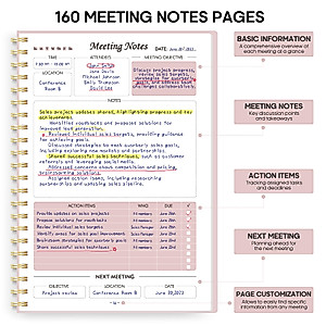 Meeting Notebook For Work Organization - Work Planner Notebook With Action Items, Agenda Planner For Note Taking, 160Pages (6.9" X 9.9") Project Planner For Men & Women - Pink