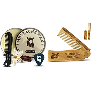 Striking Viking Pack of 2 Mustache Wax (Vanilla Scent) & Beard Folding Comb for Men
