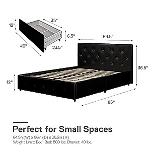 DHP Dakota Upholstered Platform Bed with Underbed Storage Drawers and Diamond Button Tufted Headboard and Footboard, No Box Spring Needed, Queen, Black Faux Leather