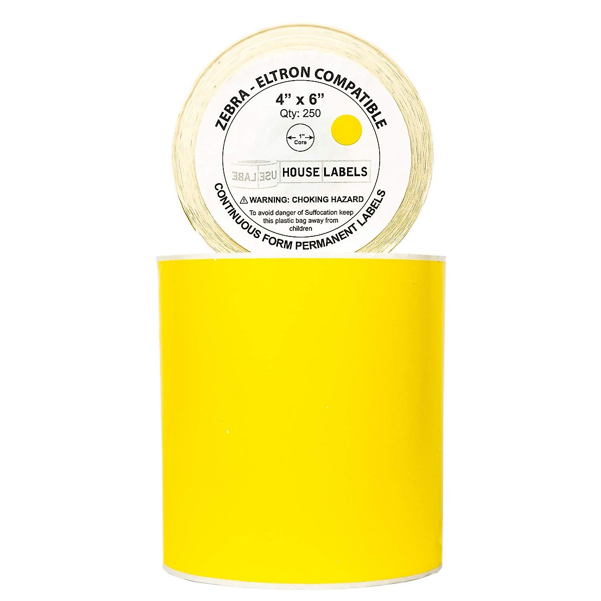 HOUSELABELS 4" x 6" Yellow Shipping Labels on 1" Core Compatible with Zebra and Rollo Printers, 1 Roll / 250 Labels per Roll