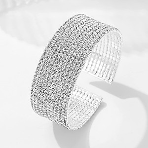 Ecesha Sparkly Silver Simple 10 Rows Rhinestone Crystal Cluster Wide Arm Cuff Bracelet Wedding Jewelry for Women Bridal Gift for Formal Prom Party