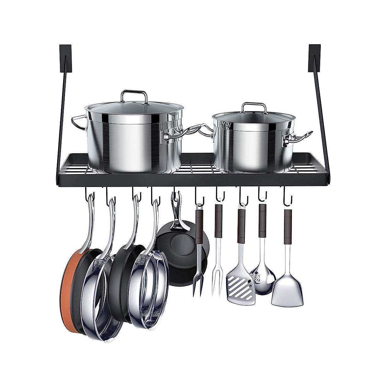 Miyili Pot Rack Square Grid Wall Mounted Kitchen Pot And Pan Organizer Shelf With 10 Hooks, 24 by 10-inch (Black), KR301B1