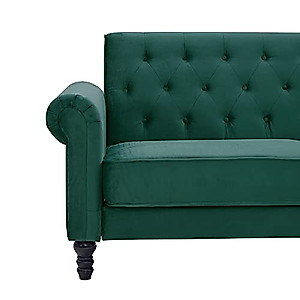 Classic Sofa Couch Mid Century Upholstered Velvet Fabric Tufted Sofa with Scroll Arms for Living Room Bedroom Apartment (Green) (CY001)