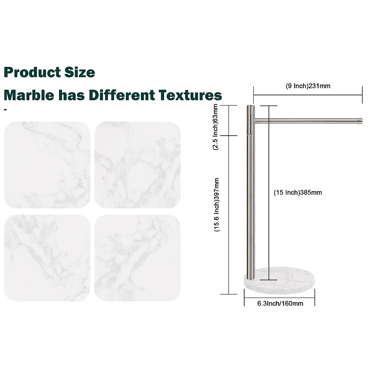 BathAce Hand Towel Holder, L-Shape Hand Towel Stand with Marble Base, Stainless Steel Swivel Stand Hand Towel Rack Free-Standing Towel Bar for Bathroom Kitchen Countertop, 1 Arms (Brushed Nickel)