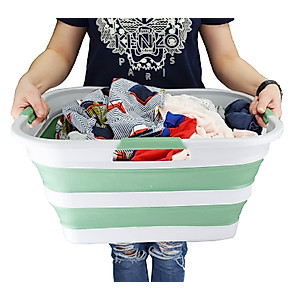 SAMMART 30L(8 gallon) Collapsible Plastic Laundry Basket-Foldable Pop Up Storage Container/Organizer-Portable Washing Tub-Water capacity: 24L(6.3 gallon) (Grey/Dark Sea Green (Set of 2))