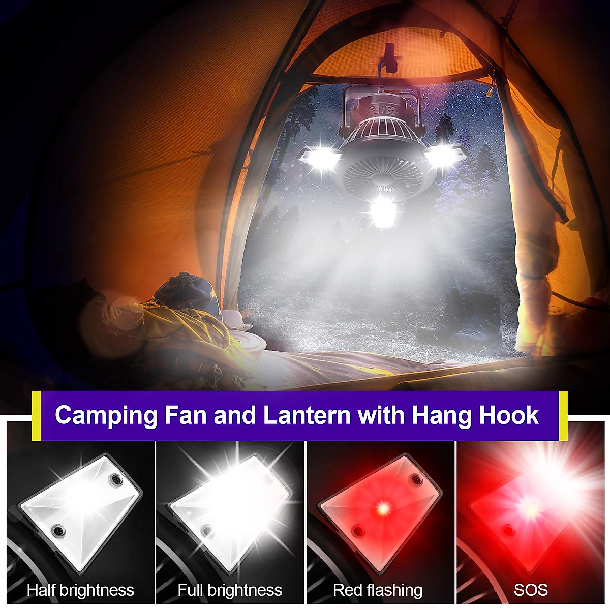 Misby Portable LED Camping Lantern with Ceiling Fan - Outdoor Tent Fan with Hook, Rechargeable Personal Desk Fan and Power Bank, 180° Quiet Battery Operated USB Table Fan for Fishing, Home, Office