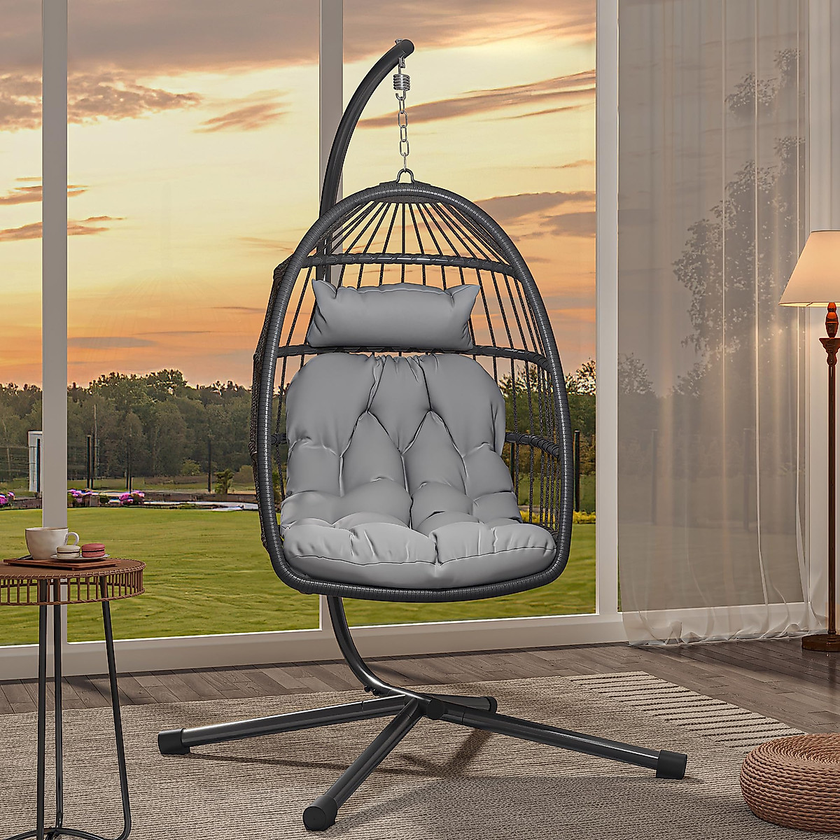 YITAHOME Hanging Egg Swing Chair with Stand Egg Chair Wicker Indoor Outdoor Hammock Egg Chair with Cushions 330lbs for Patio, Bedroom, Garden and Balcony, Dark Gray(Stand Included)