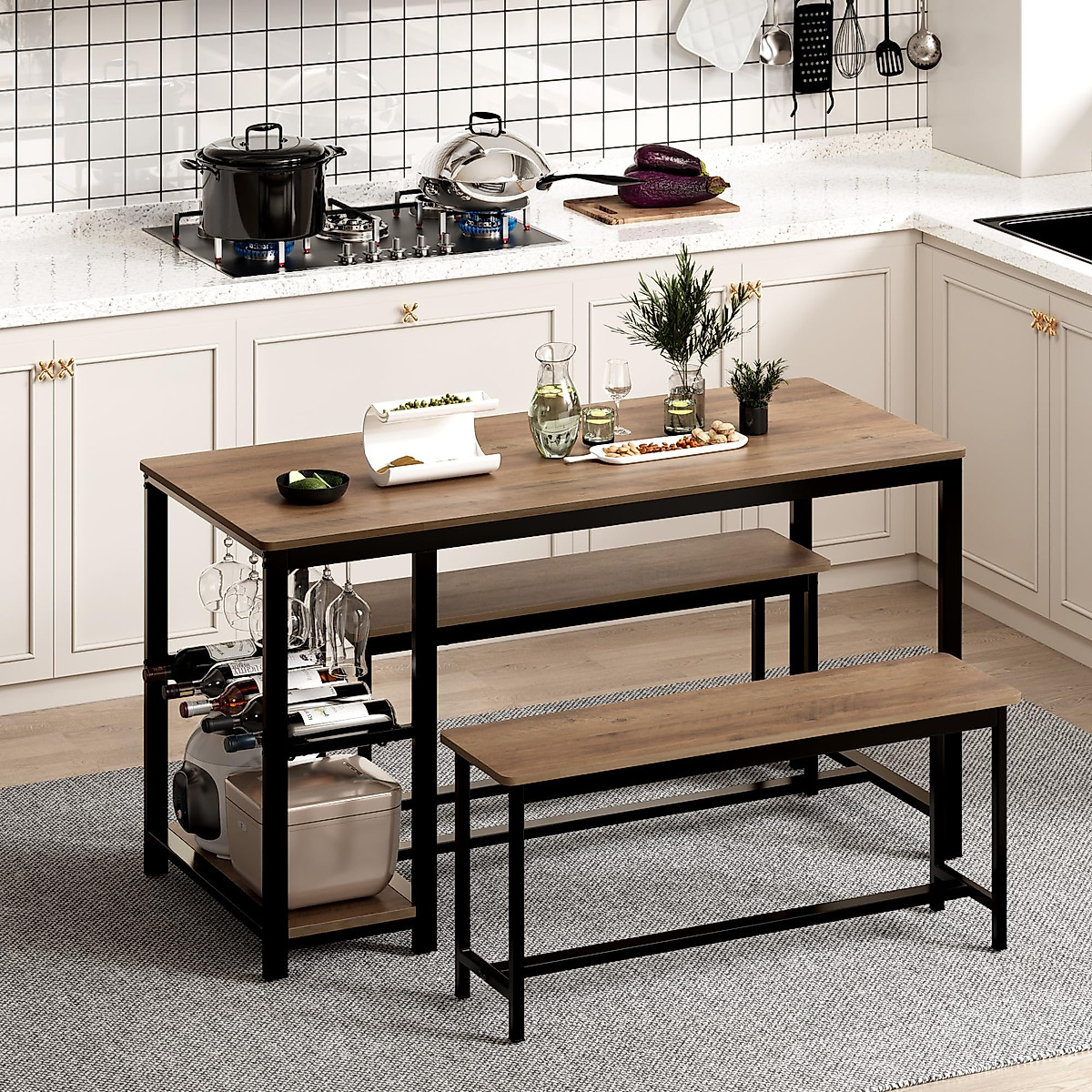 BOTLOG 3-Piece Kitchen Table for 4, 54.7" Dining Table Set with 2 Benches, Dining Room Table with MDF Wood Board, Storage Shelf, Wine and Glass Rack, Industrial (Brown)