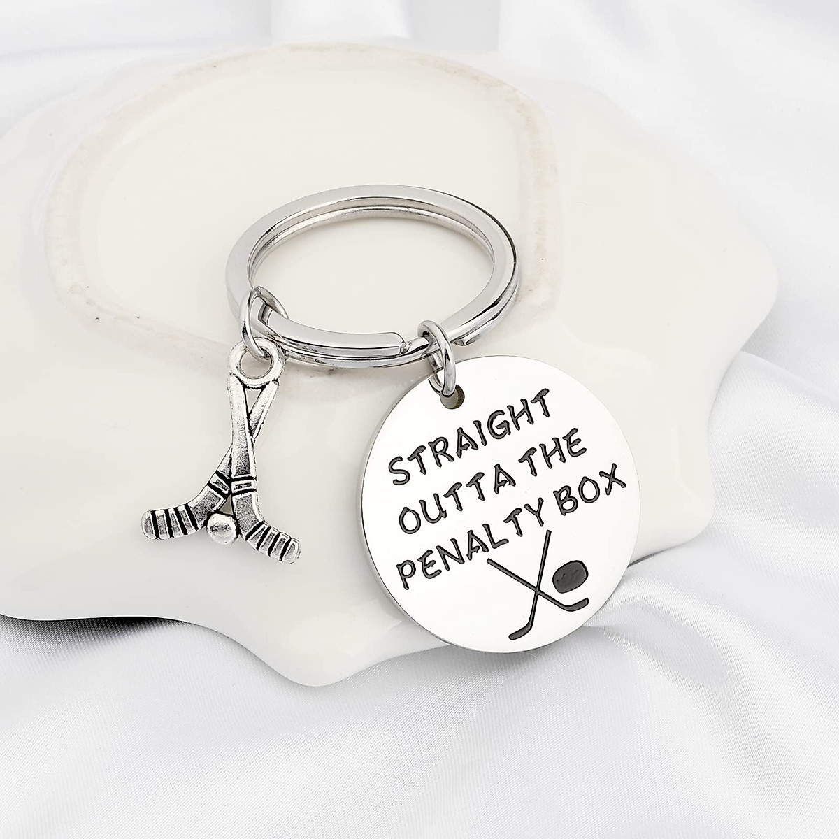 WSNANG Funny Ice Hockey Keychain Hockey Player Gift Straight Outta the Penalty Box Hockey Lover Gifts Keychain (SILVER)