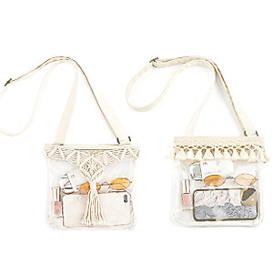 Mkono Clear Bag Stadium Approved Boho Clear Crossbody Purse with Macrame Tassel PVC Transparent Shoulder Bag for Concerts, Festivals, Gym or Work