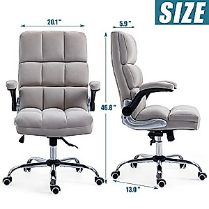 AVAWING Velvet Office Chair w/Wheels, Executive Computer Desk Chair w/Adjustable Tilt Angle and Flip-up Arms, High-Back Ergonomic Padding Chair, Grey