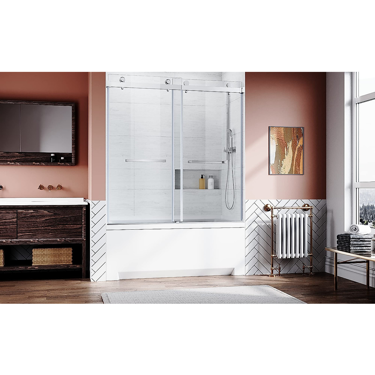 Frameless Sliding Bathtub Door 56-60 in.W x 62 in.H,Bypass Tub Glass Sliding Shower Doors,3/8"(10mm) Thick Clear Tempered Glass,Heavy Duty Stainless Steel Hardwares,2pcs Rectangle Handles,Brushed Nick